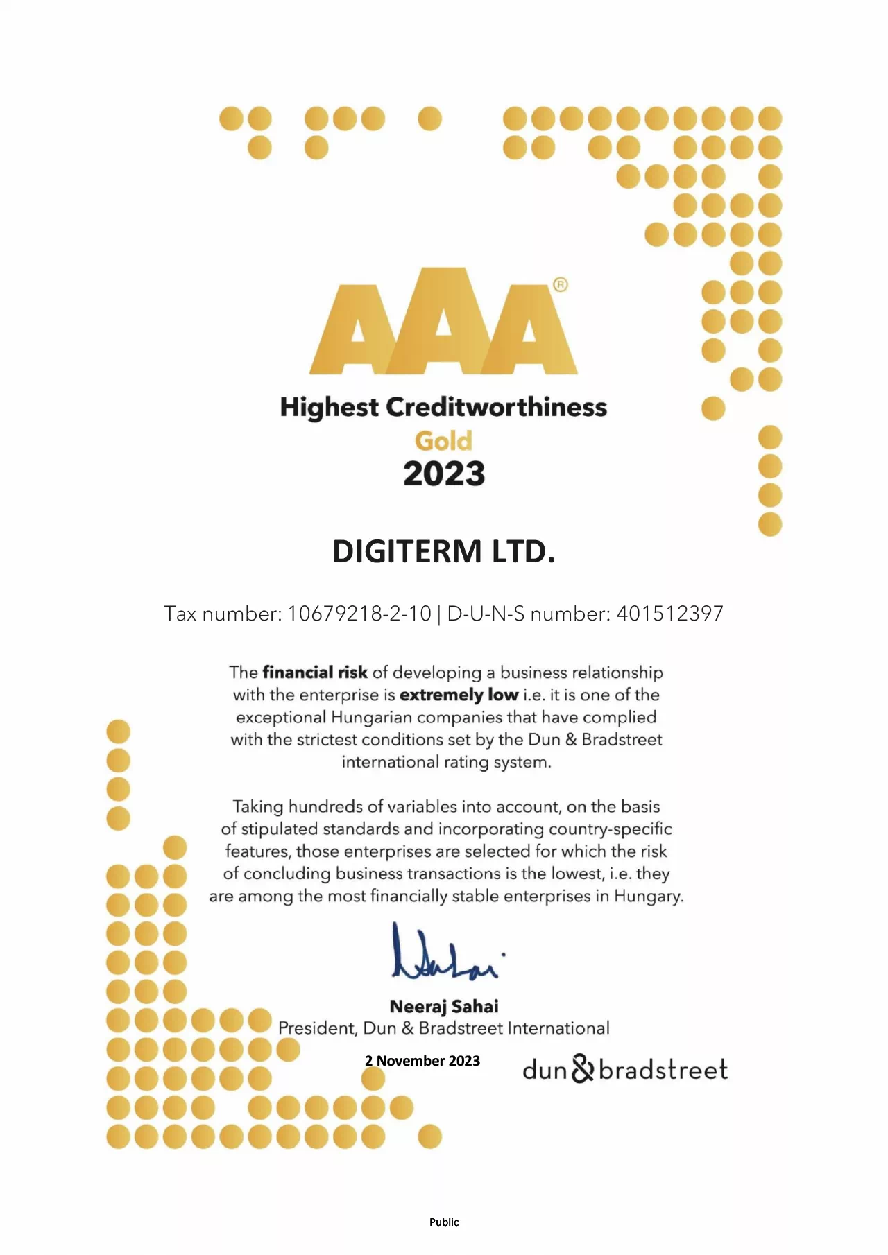 AAA Gold Level from Dun & Bradstreet - Digiterm Ltd.