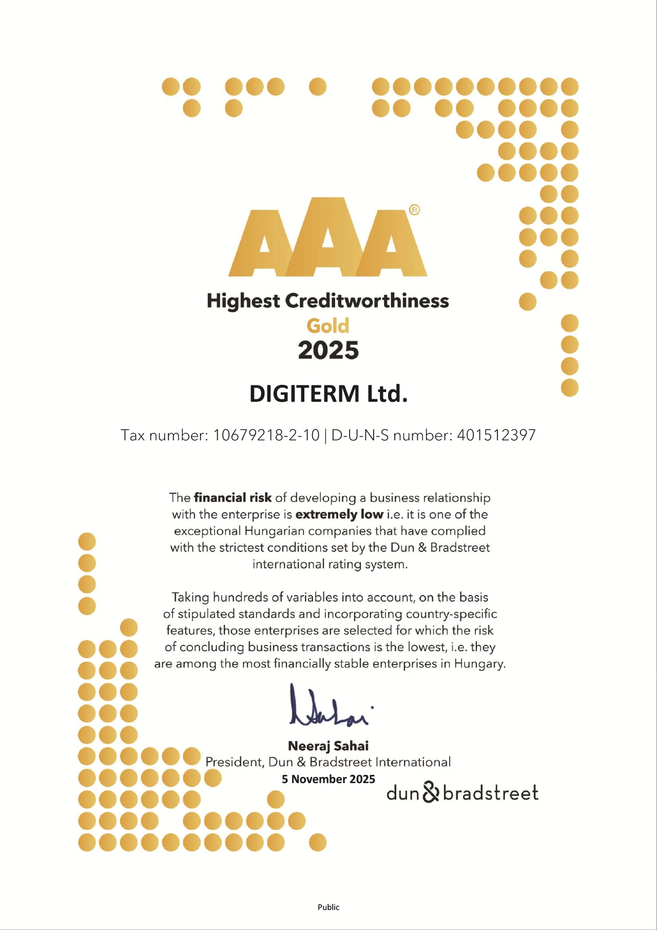 Digiterm Receives the Dun & Bradstreet Gold AAA Certificate for the 3rd ...